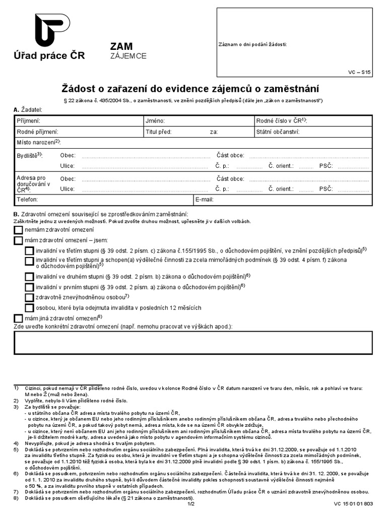 Zadost o Zarazeni Do Evidence Zajemcu o Zamestnani | PDF