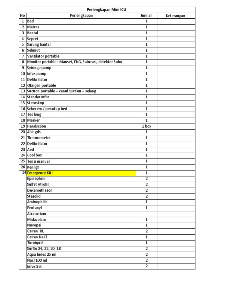 Mini ICU Equipment List | PDF