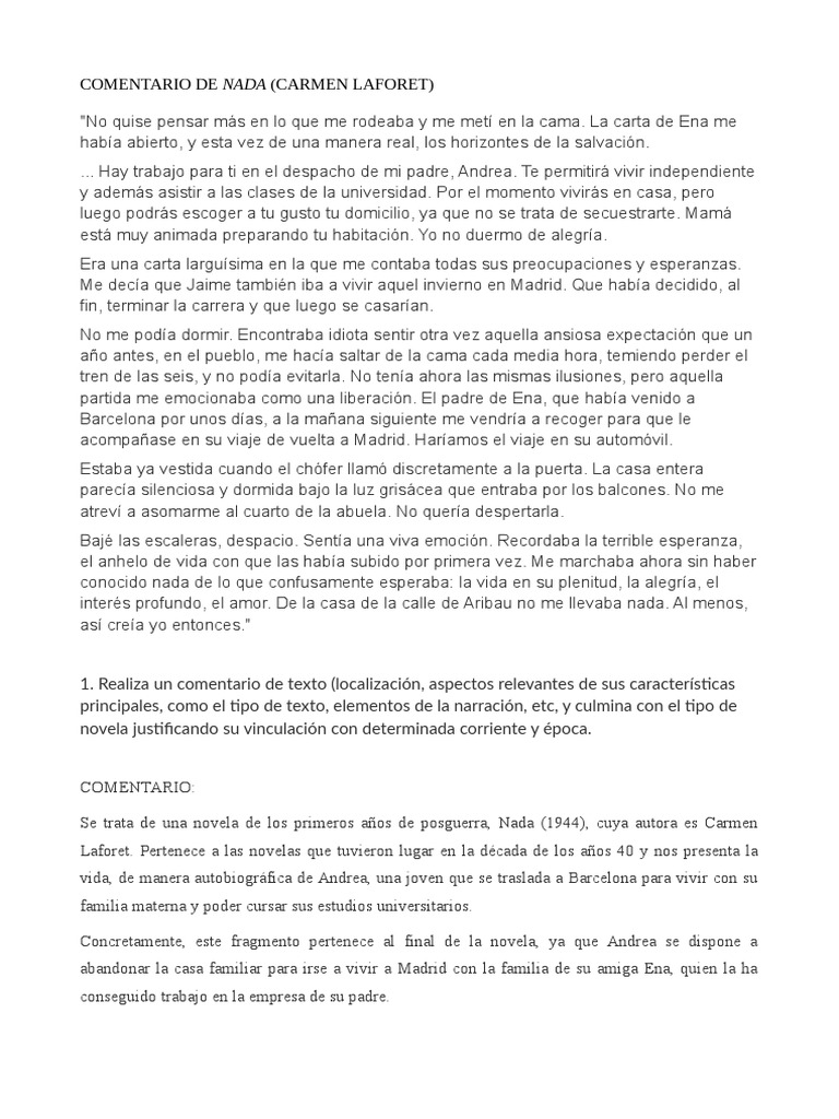 Comentario Del Fragmento de Nada 2 | PDF | Narración