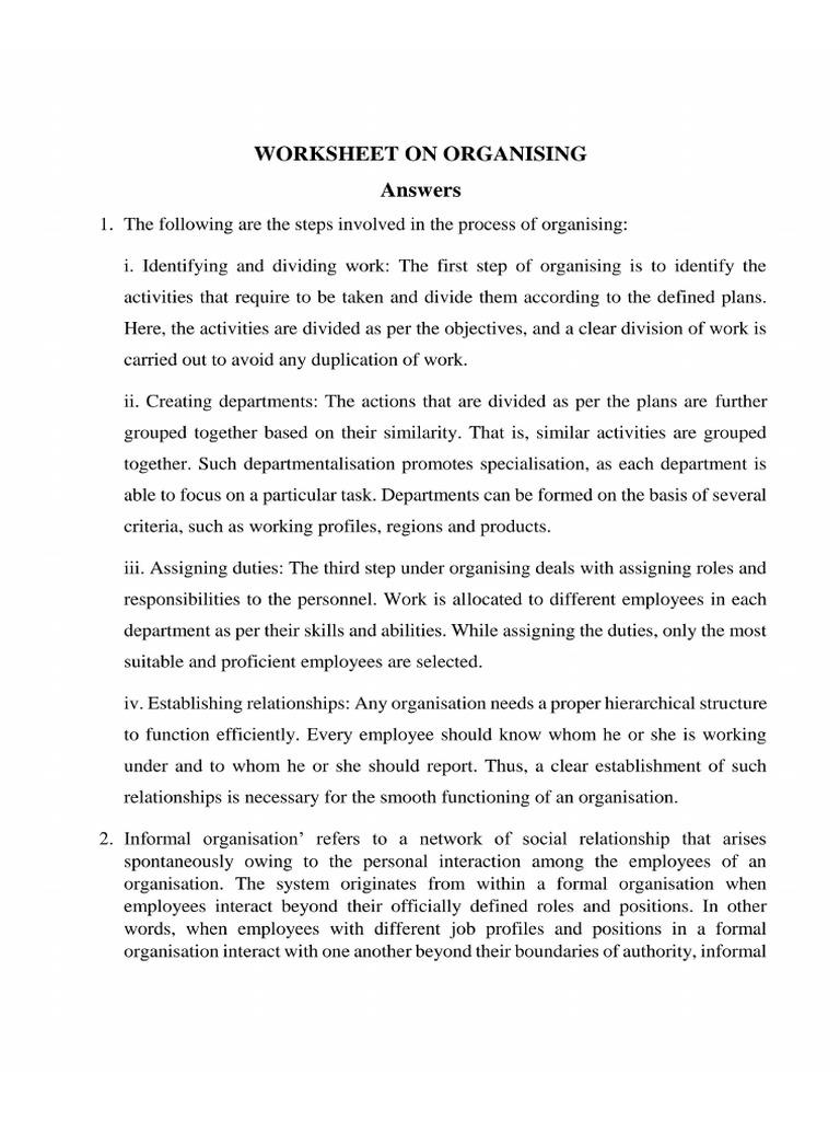 WORKSHEET ON ORGANISING Answers | PDF