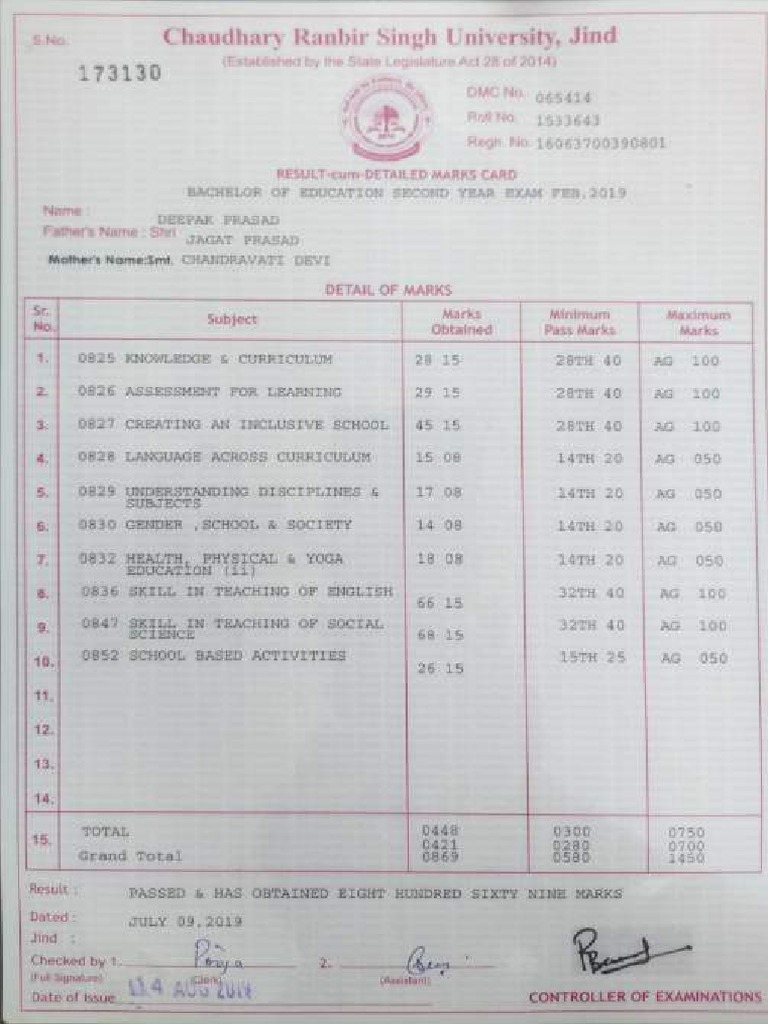 Bed Marksheet - Compressed | PDF