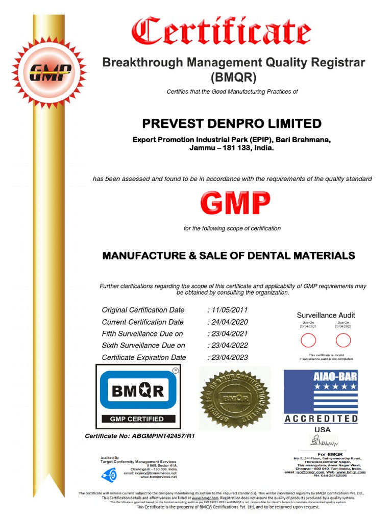 New GMP Certificate Prevest | PDF