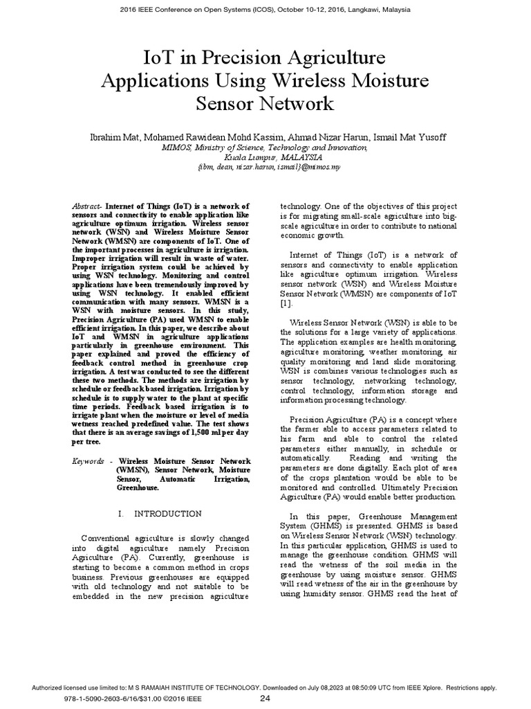 IoT in Precision Agriculture Applications Using Wireless Moisture Sensor Network | Download Free ...