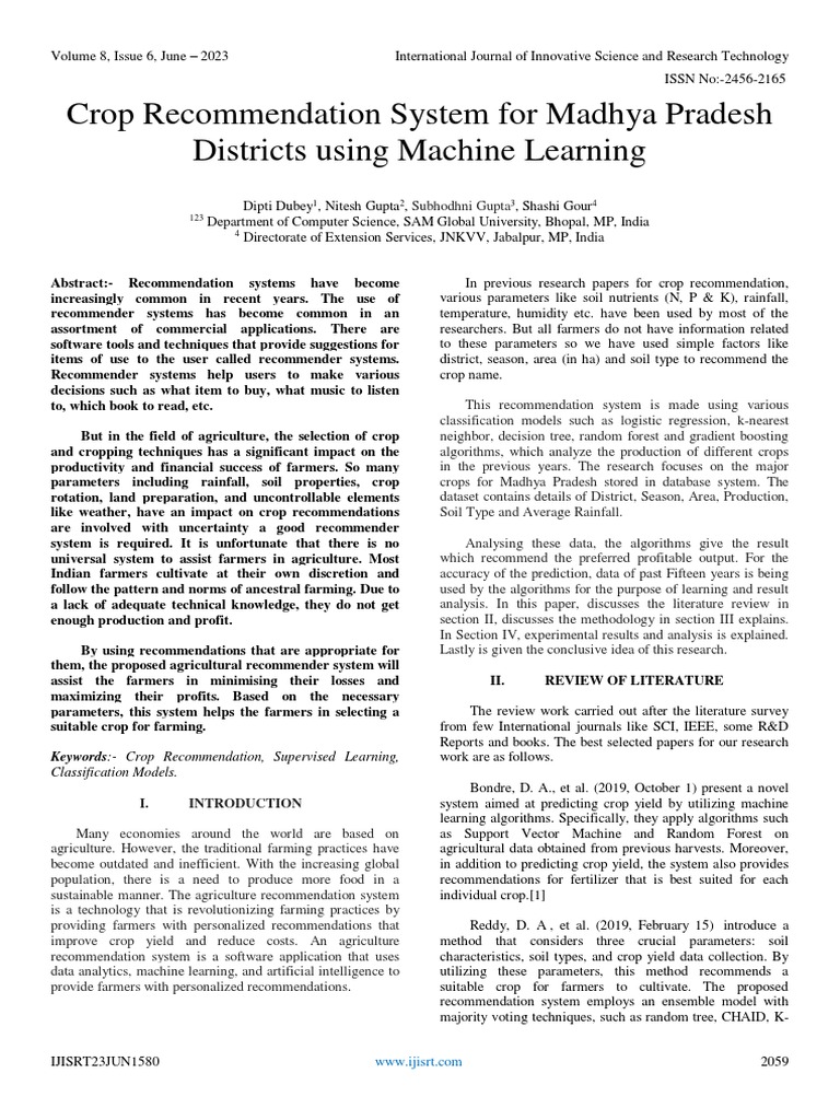 Crop Recommendation System For Madhya Pradesh Districts Using Machine ...