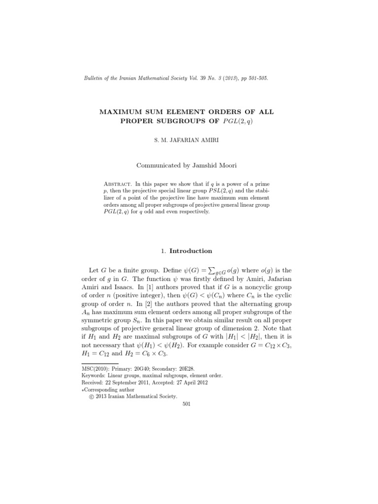 Amiri Maximum Sum Element Orders of All Proper Subgroups of PGL2q | PDF | Group (Mathematics ...