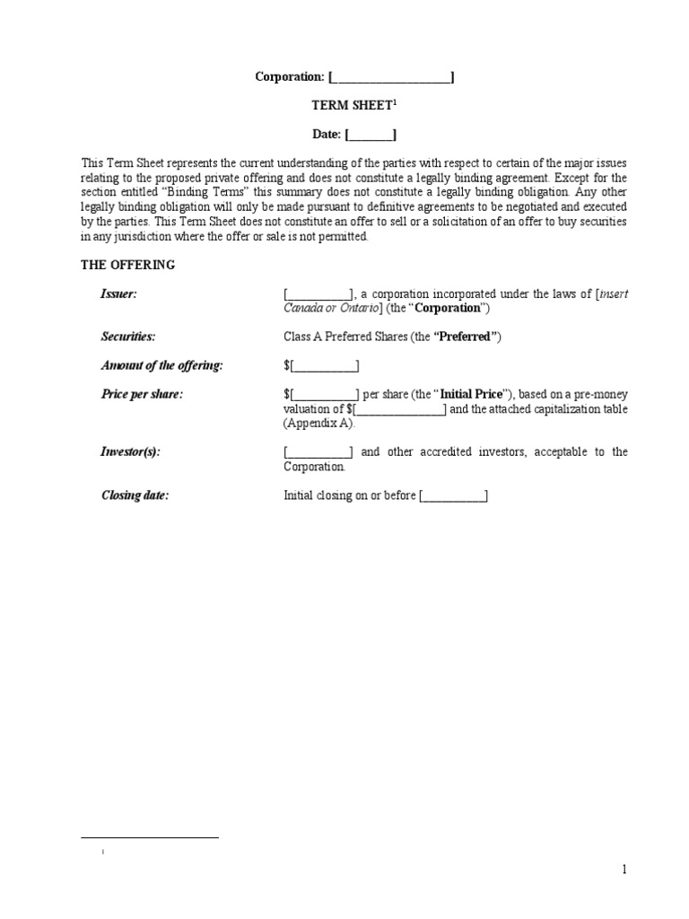 Sample Preferred Term Sheet | PDF
