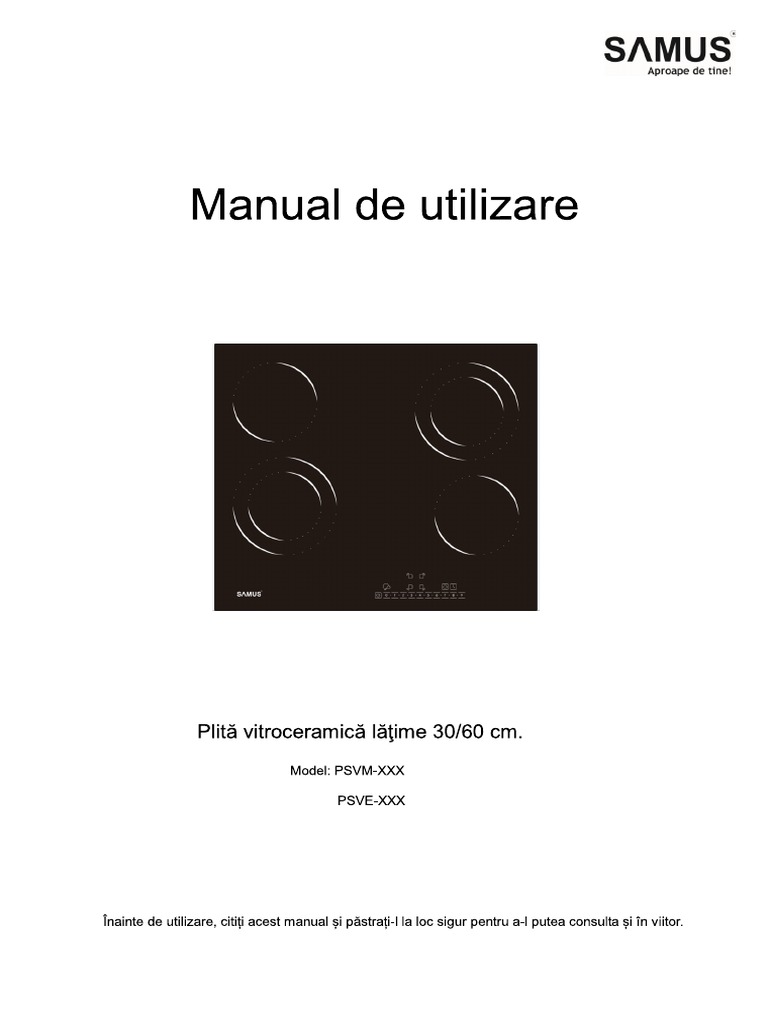 Manual de Utilizare Plita Electrica Incorporabila Vitroceramica Samus Psve-64bg3 | PDF