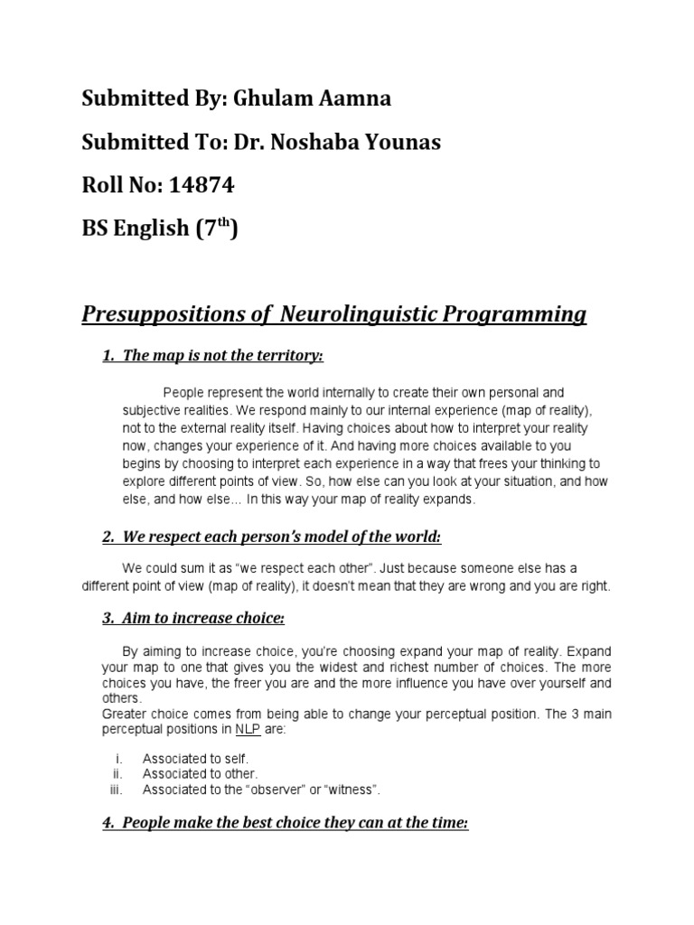 Presuppositions of Neurolinguistic Programming | PDF | Attitude (Psychology) | Behavior