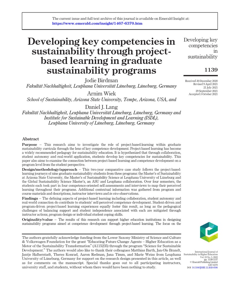 Developing Key Competencies in Sustainability Through Project-Based Learning in Graduate ...