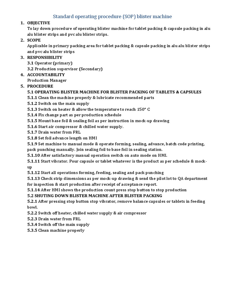 Standard Operating Procedure (SOP) Blister Machine | PDF