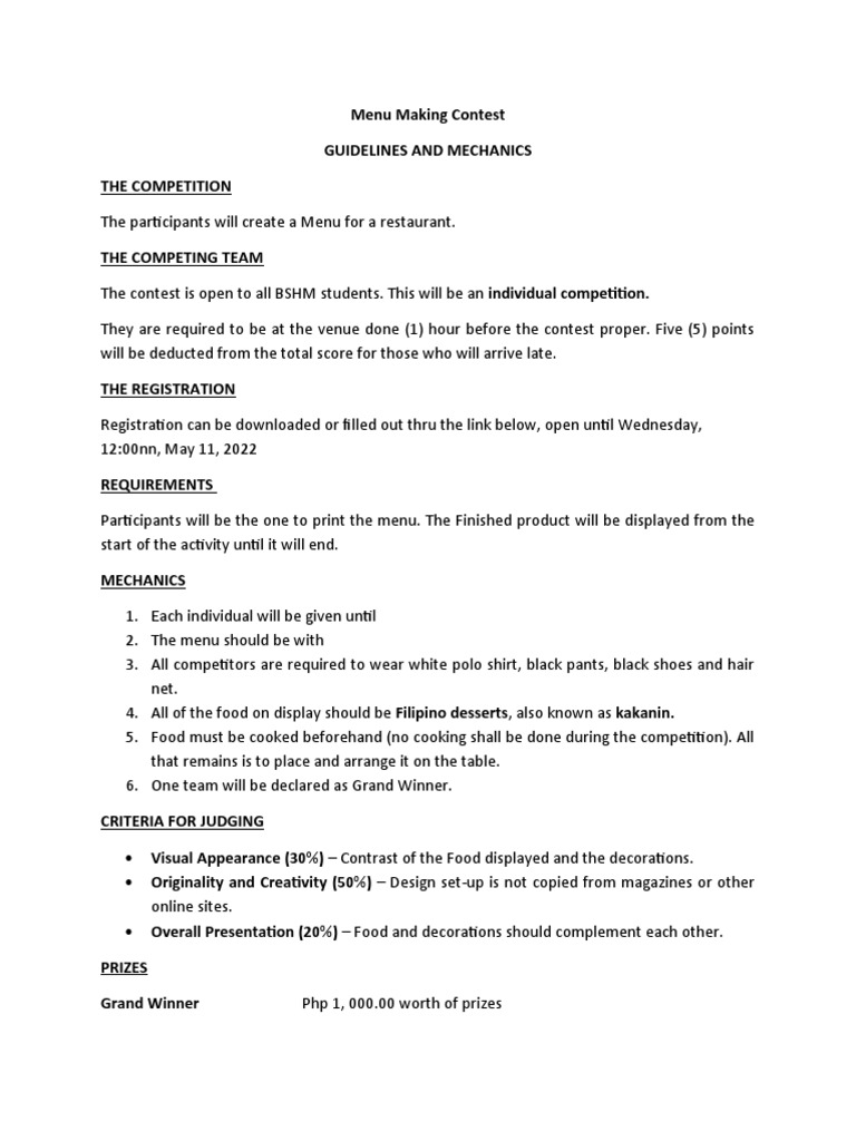 Menu Making Contest Guidelines and Mechanics | PDF