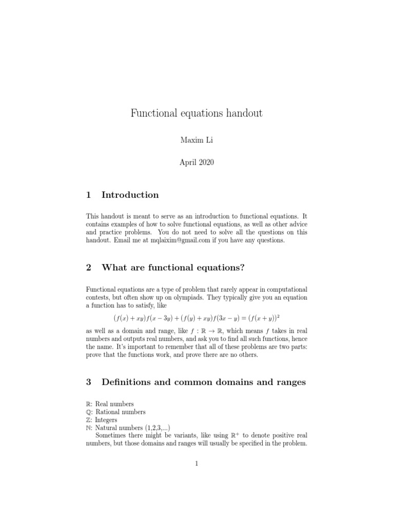 Functional Equations Guide | PDF | Function (Mathematics) | Equations