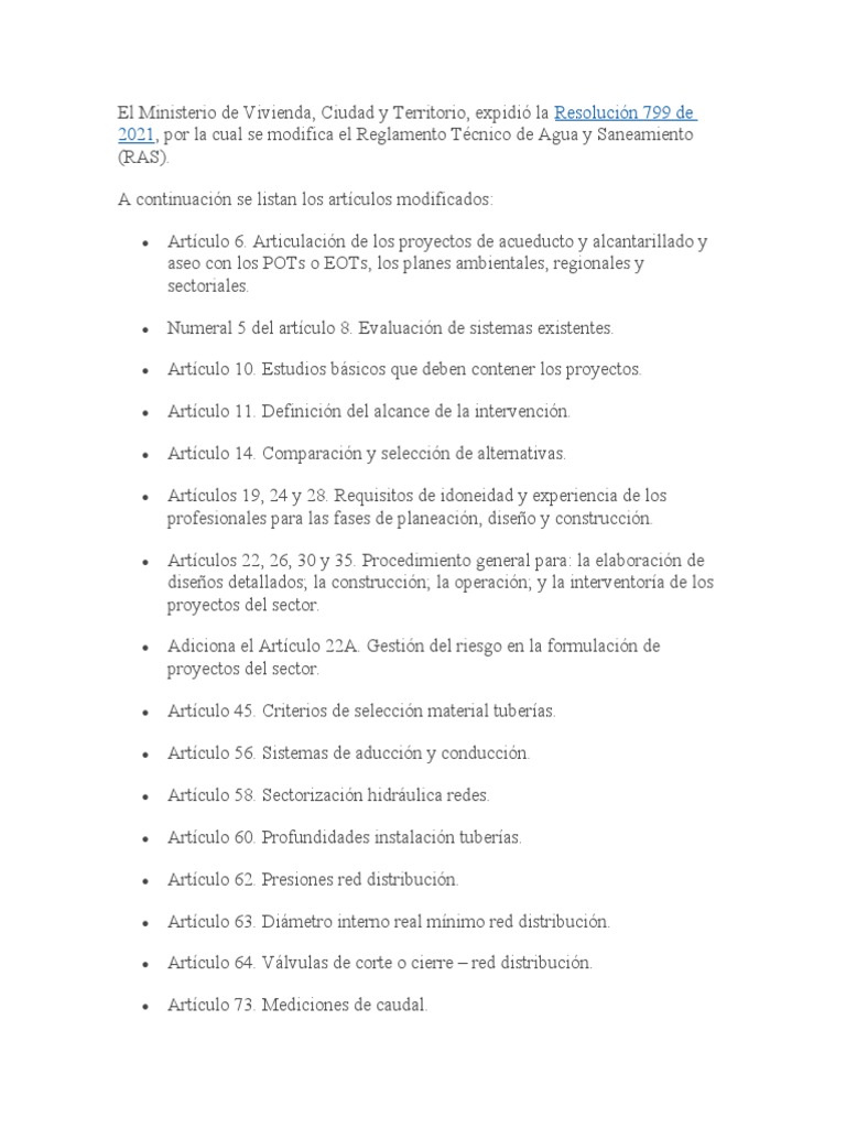 Modificaciones RAS: Resolución 799/2021 | PDF | Alcantarillado | Agua ...