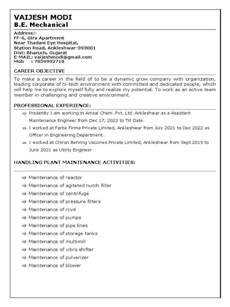 Vaijesh Modi Resume-1 | PDF | Energy Technology | Mechanical Engineering