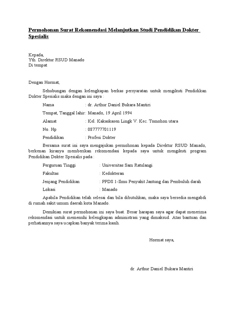 Permohonan Surat Rekomendasi Melanjutkan Studi Pendidikan Dokter ...