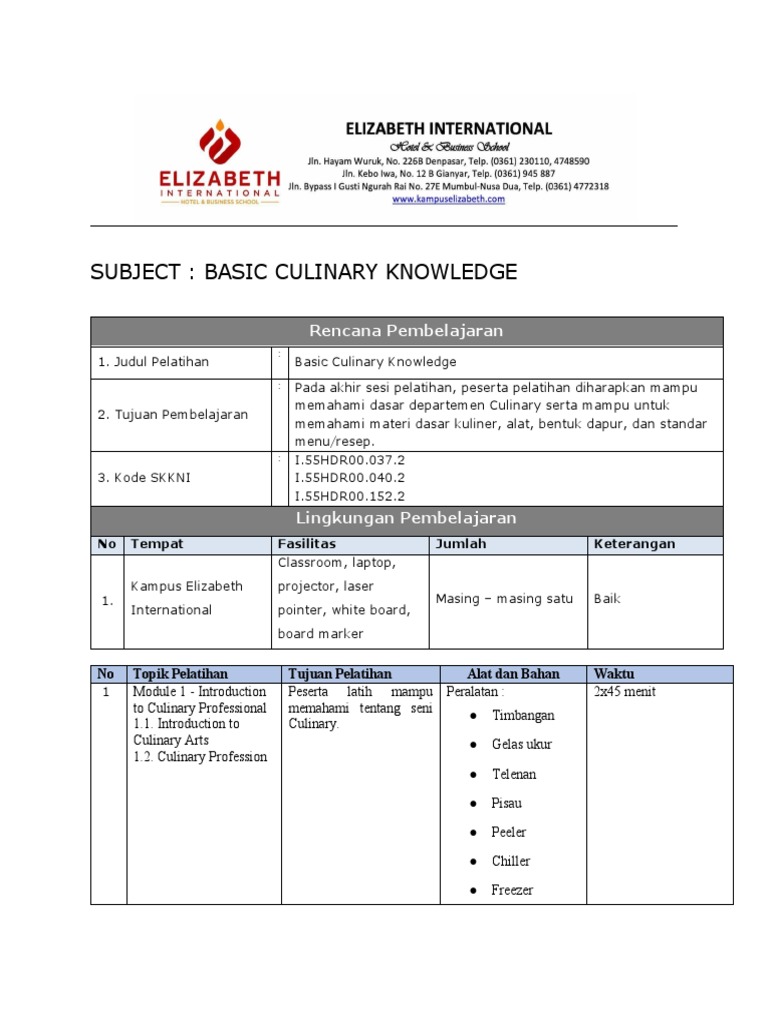 Lesson Plan Basic Culinary Knowledge. | PDF