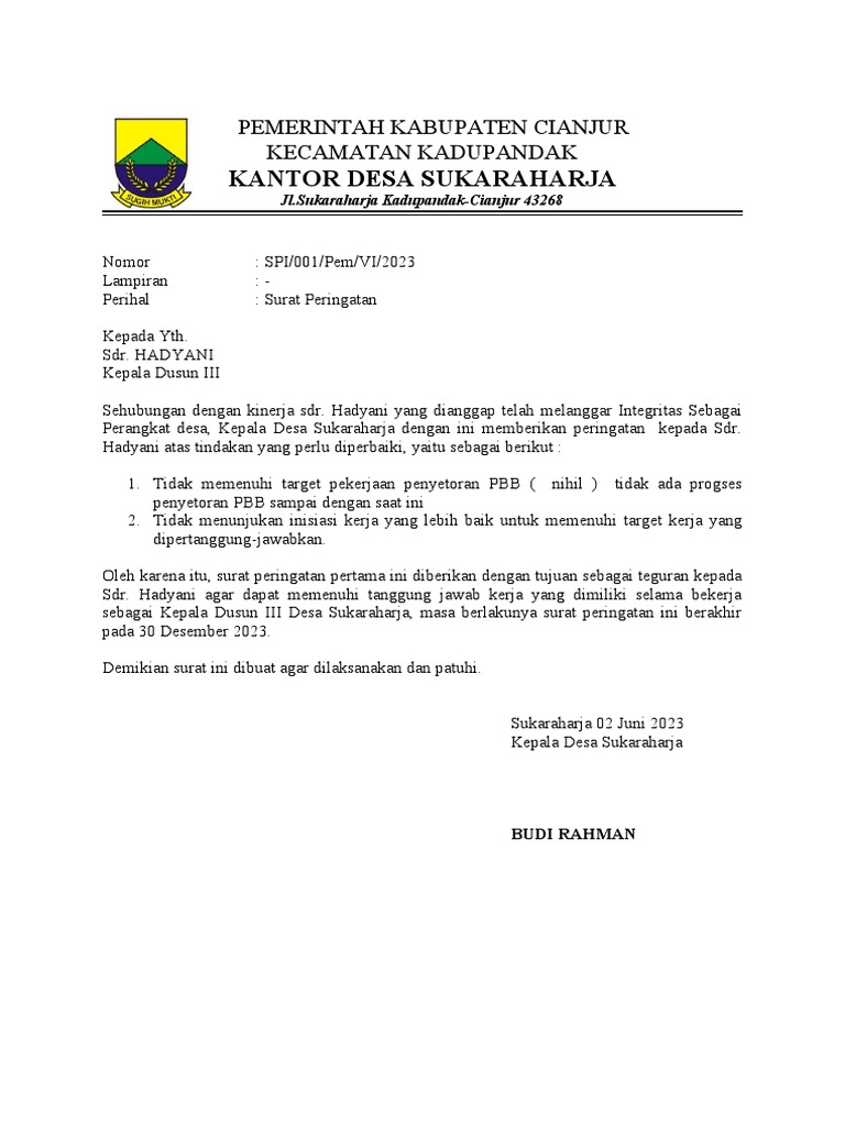 SURAT PERINGATAN SP 1 | PDF