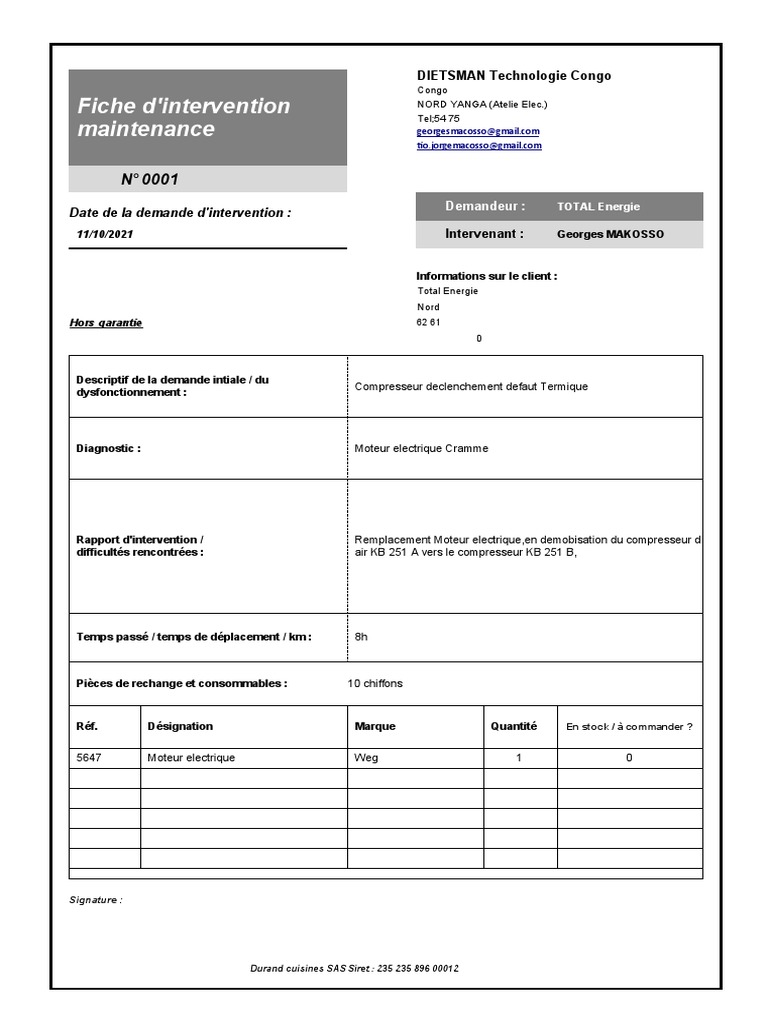 Fiche Intervention Maintenance Modele Gratuit | PDF