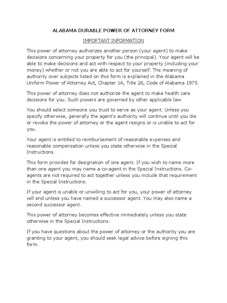 Alabama Durable Power of Attorney Form | PDF | Power Of Attorney ...