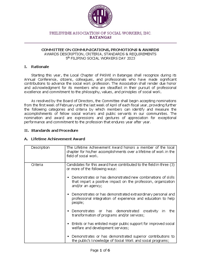 Awards Description Criteria Standards and Requirements - PASWI BATANGAS ...