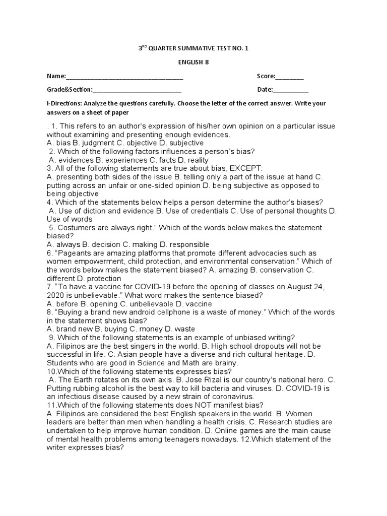 3rd Quarter Summative Test No | PDF