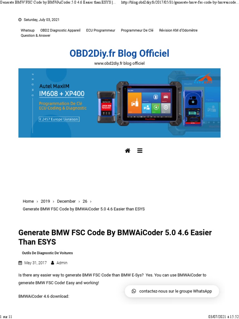 Generate BMW FSC Code by BMWAiCoder 5.0 4.6 Easier Than ESYS OBD2Diy ...