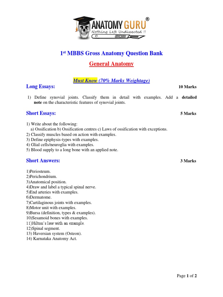 1st MBBS Gross Anatomy Question Bank | PDF