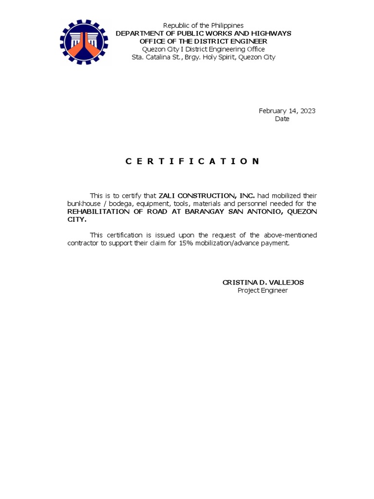 Zali Construction Mobilization Certification | PDF