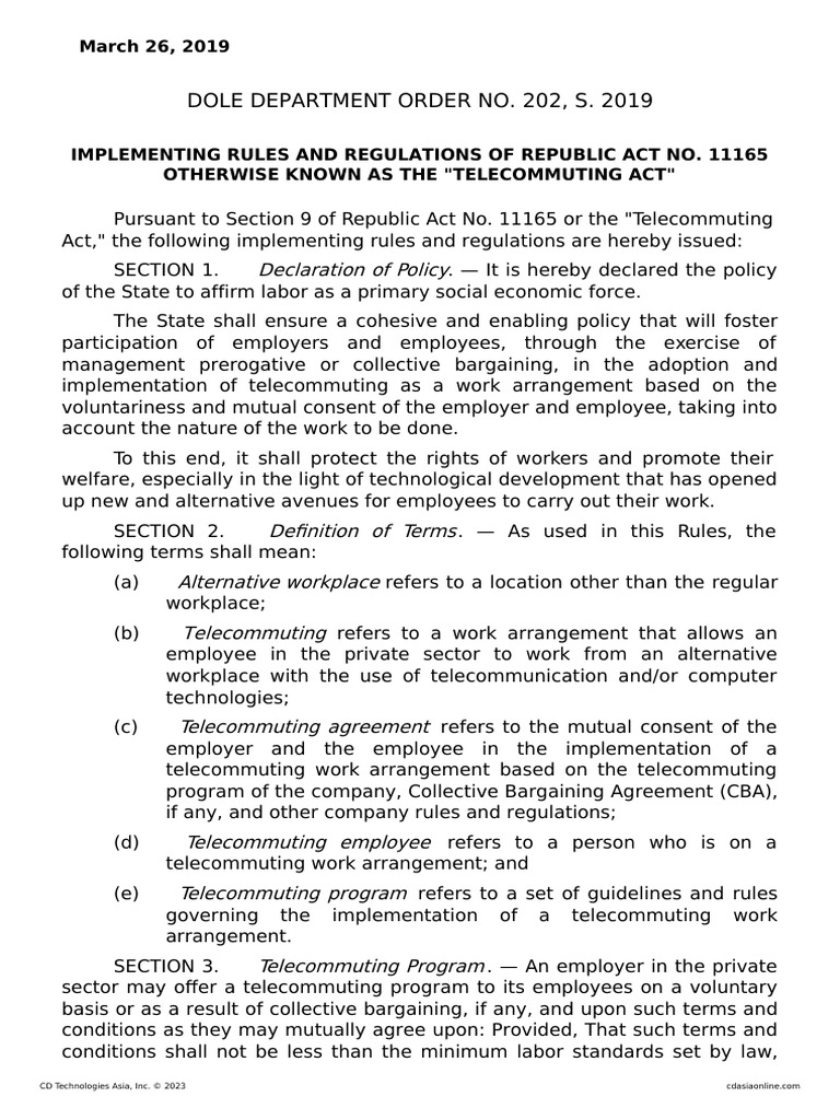 Dole Department Order No. 202, S. 2019: Declaration of Policy | PDF