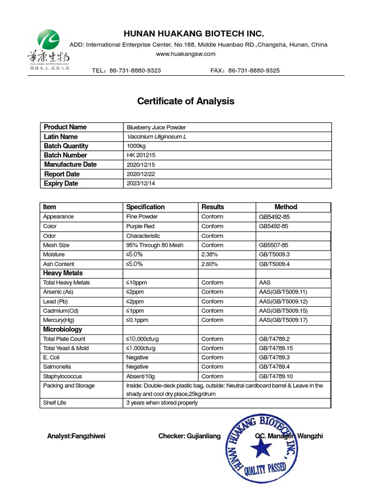 COA Blueberry Juice Powder HK201215 | PDF | Materials | Chemistry
