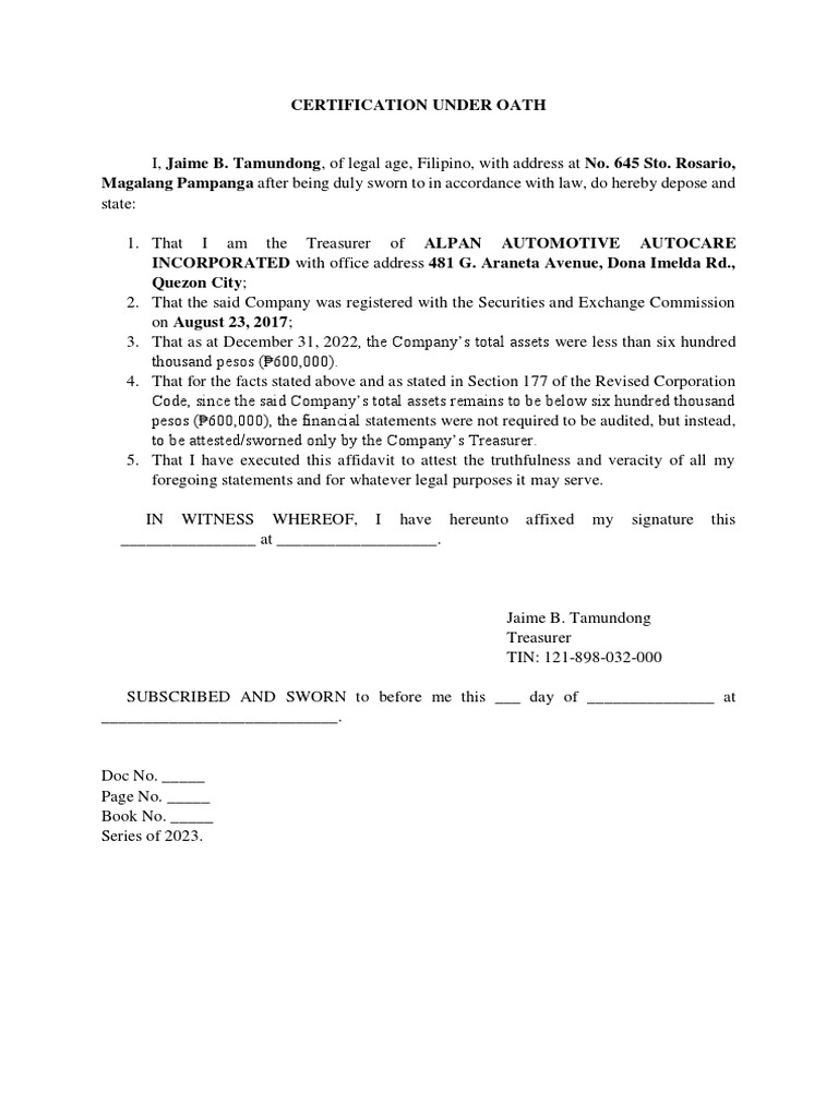 Treasurer's Certification Under Oath | PDF | Finance & Money Management