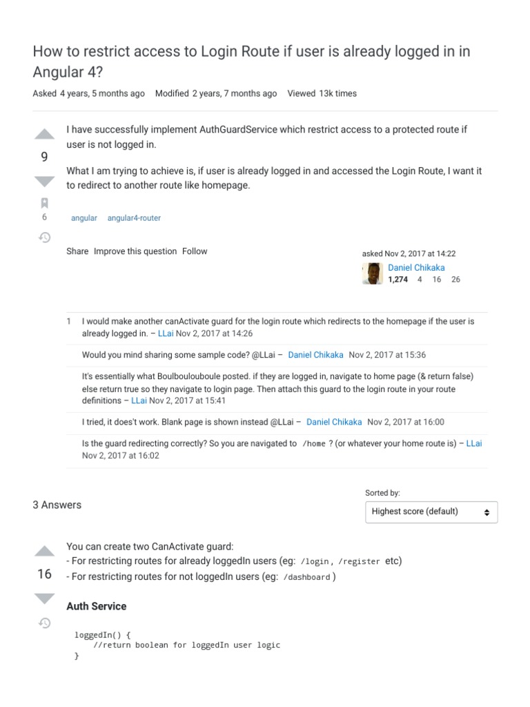 angular4 router - How to restrict access to Login Route if user is already logged in in Angular ...