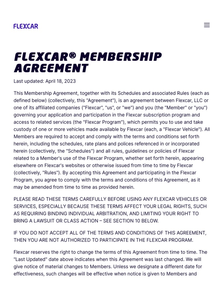 Flexcar® Membership Agreement - Flexcar | PDF | Liability Insurance | Fee