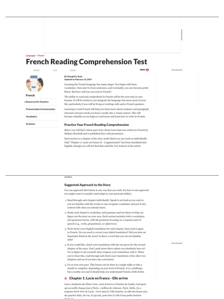 French Reading Comprehension Test | PDF | Reading Comprehension ...