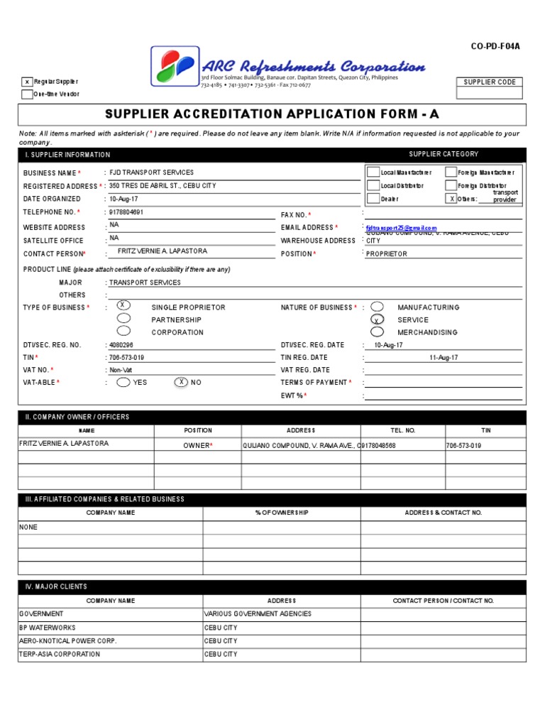 Supplier Accreditation Application Form | PDF | Economies | Business