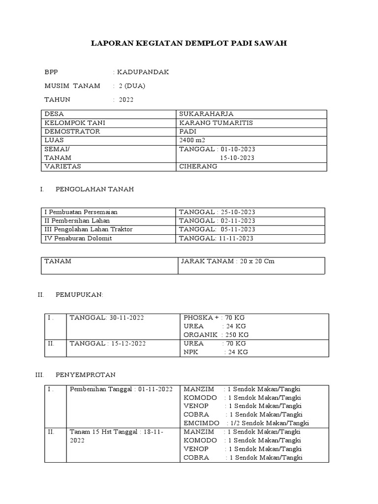 Laporan Kegiatan Demplot Padi Sawah | PDF
