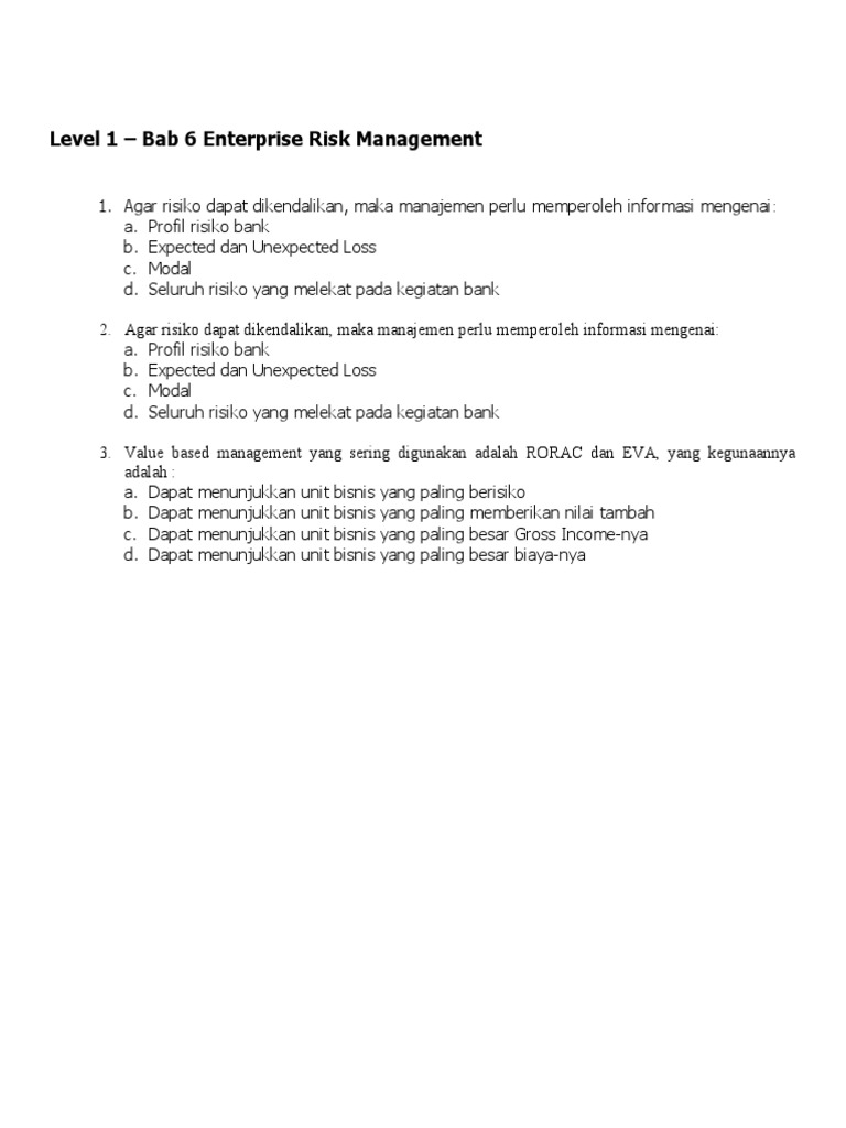 Soal Level 1 Bab 5 - Enterprise Risk Management | PDF