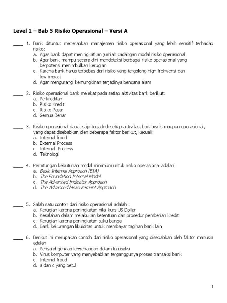 Soal Level 1 Bab 4 - Risiko Operasional - Versi A | PDF