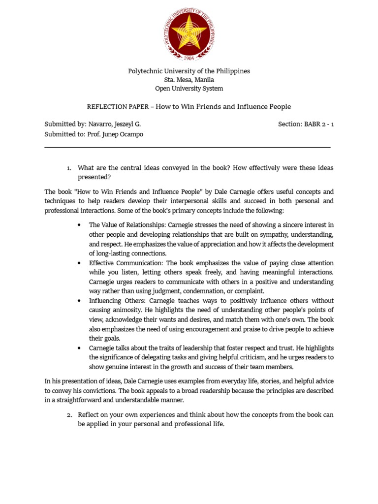 Reflection Paper - How To Win Friends and Influence People - Navarro ...