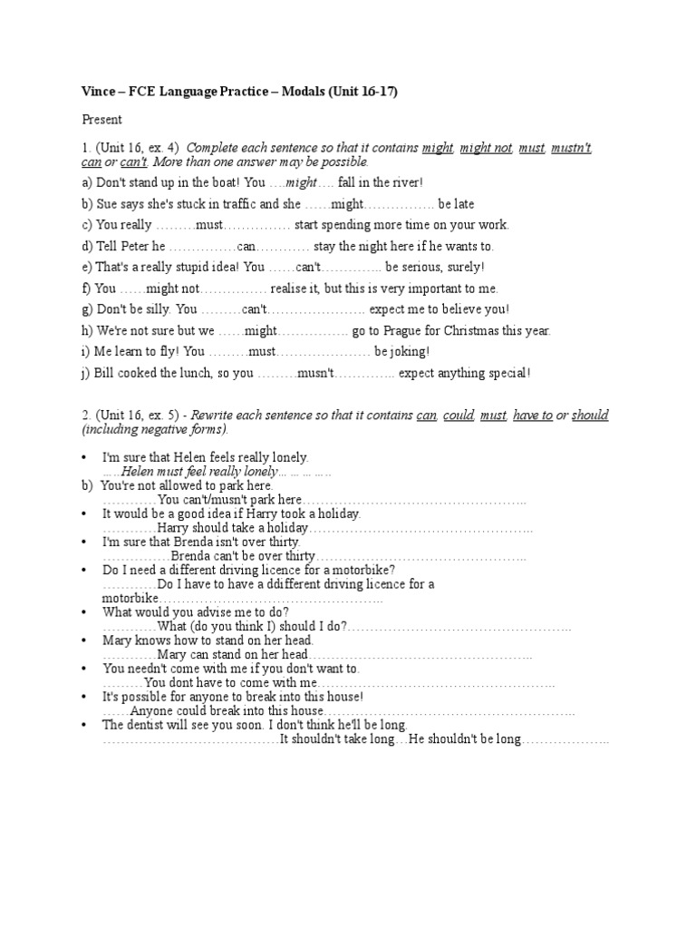 FCE Modals Language Practice Units 16-17 | PDF