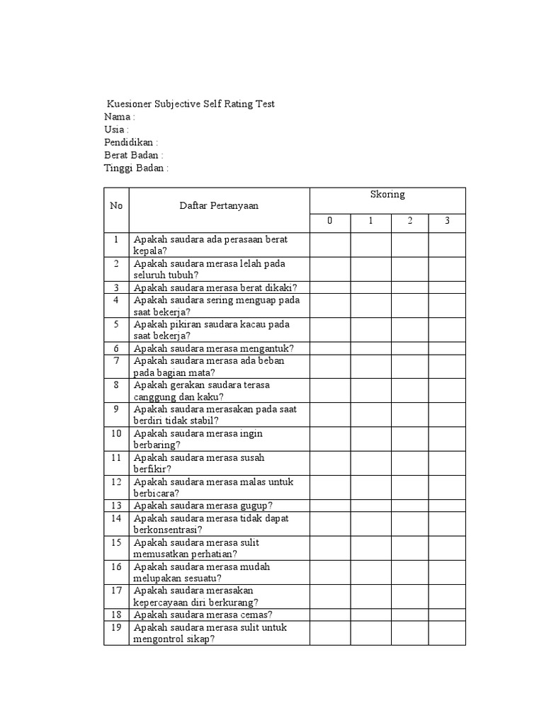 Kuesioner Subjective Self Rating Test | PDF | Karier & Perkembangan ...