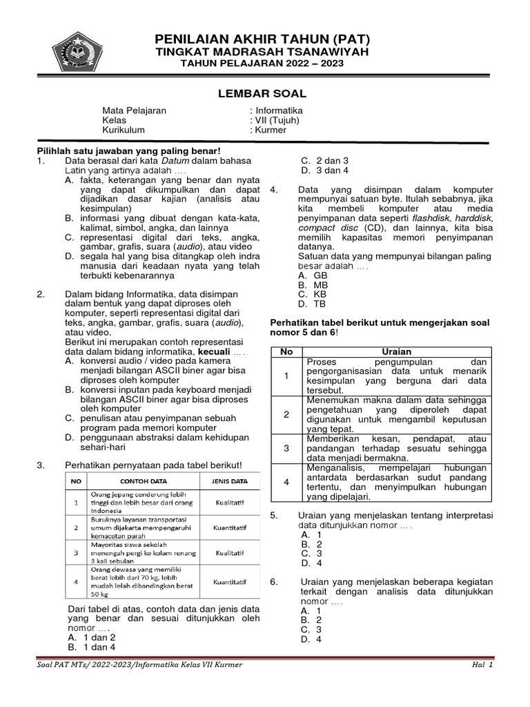 Soal Pat Informatika Kelas 7 Kurmer Tapel 2022-2023 | PDF