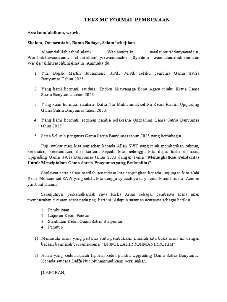 Teks MC Formal Pembukaan: Assalamu'alaikum, WR - Wb. Shalom, Om ...