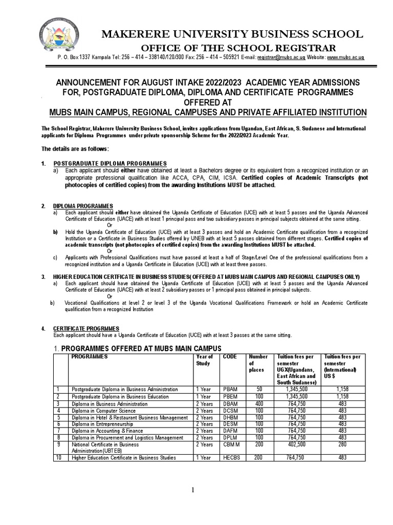 Advert For MUBS Diploma and Certficate Programmes Academic Year 2022.2023 | PDF | Diploma ...