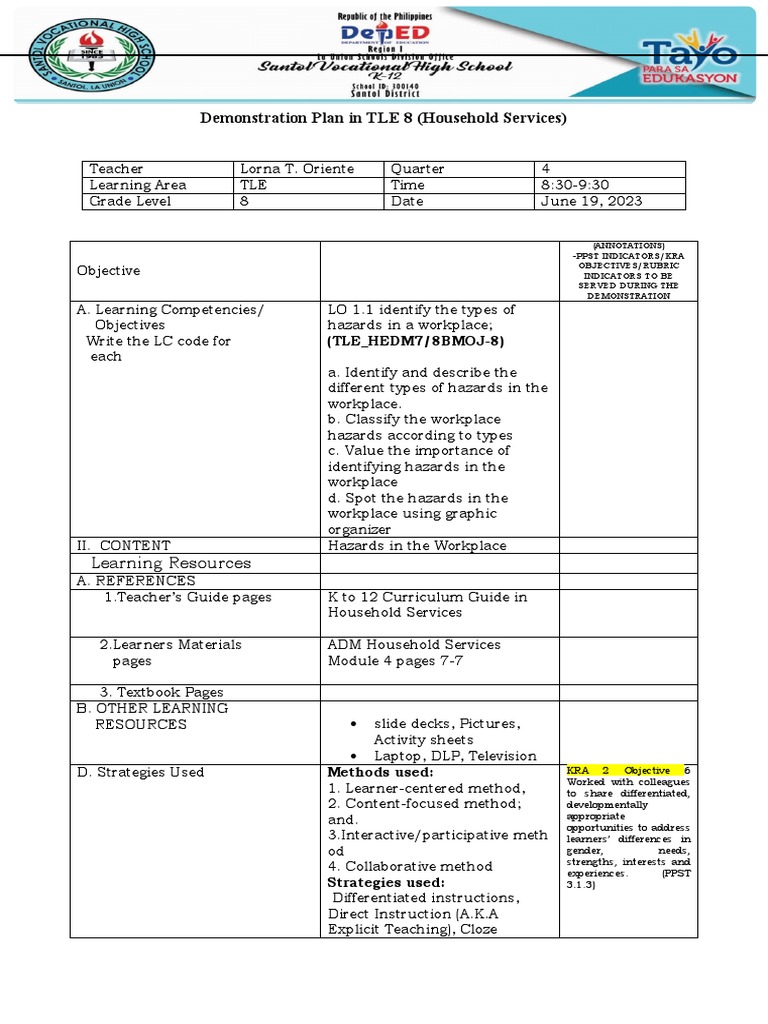 Demonstration Plan in TLE 8 (Household Services) | PDF | Hazards | Occupational Safety And Health