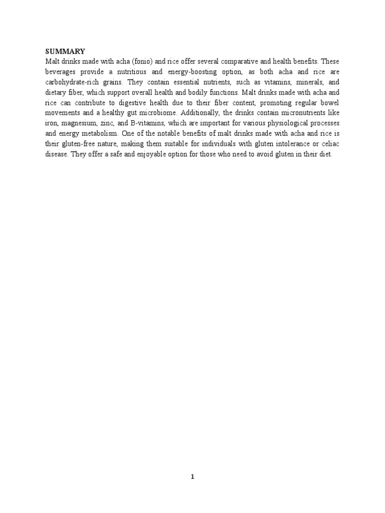 Comparative and Health Benefits of Malt Drink Using Acha and Rice | PDF ...