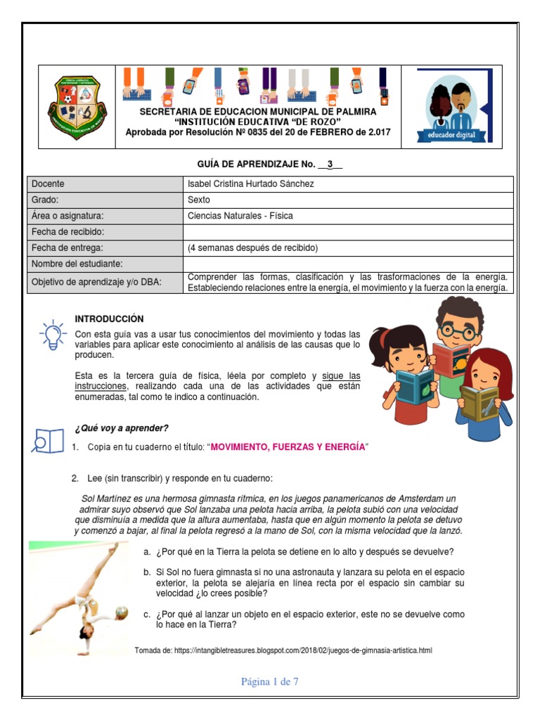 Guía 3. Física Sexto. Movimiento Fuerzas y Energía | PDF