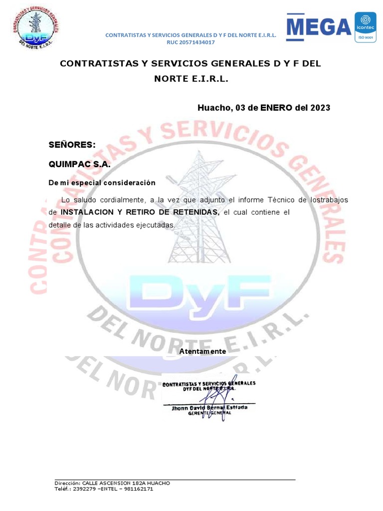 1000469891-004 INF.TC 2023-INSTALACION Y RETIRO DE RETENIDAS-QUIMPAC | PDF