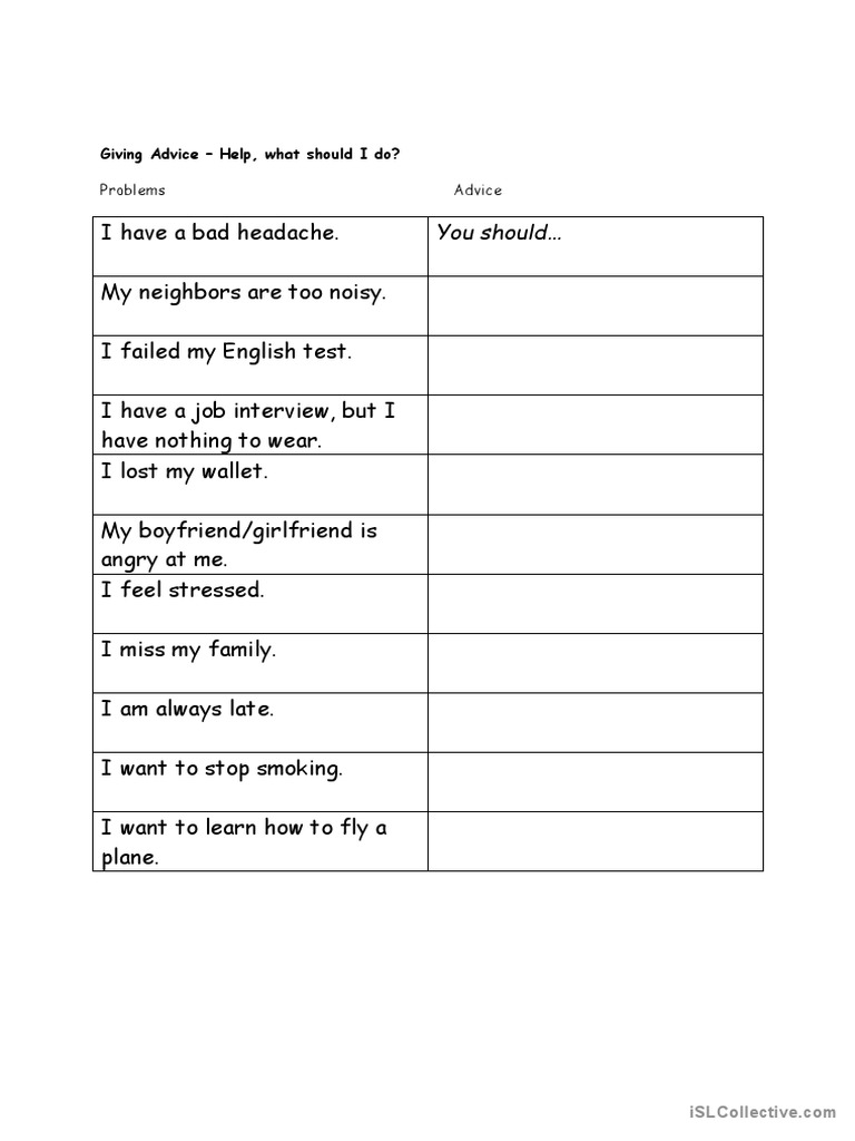 Giving Advice Using Should Worksheet | PDF