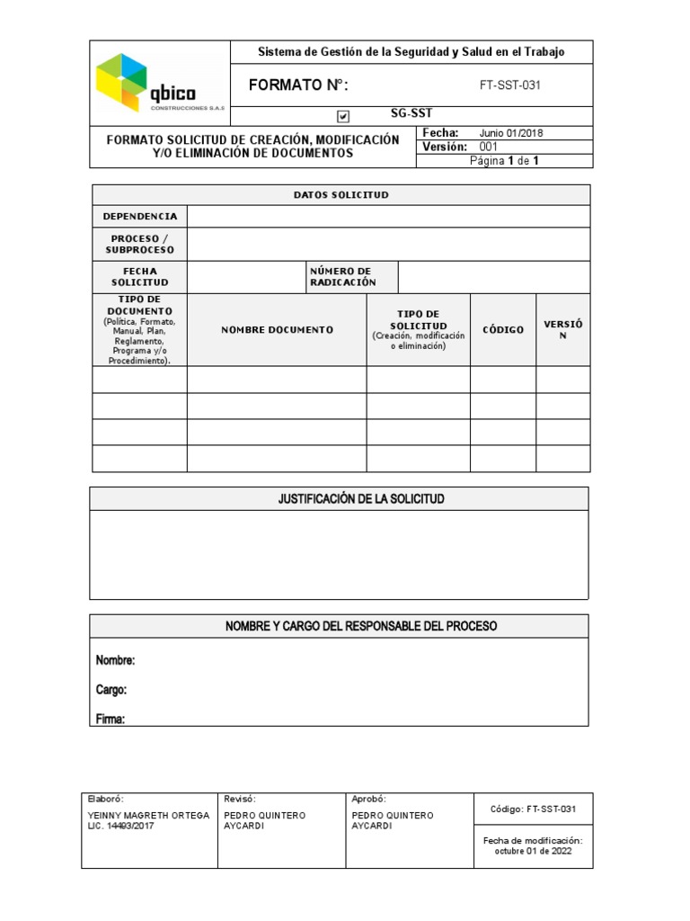 FT-SST-031 Formato Solicitud de Creación, Modificación y Eliminación de ... FT-SST-031 Formato Solicitud de Creación, Modificación y Eliminación de ...